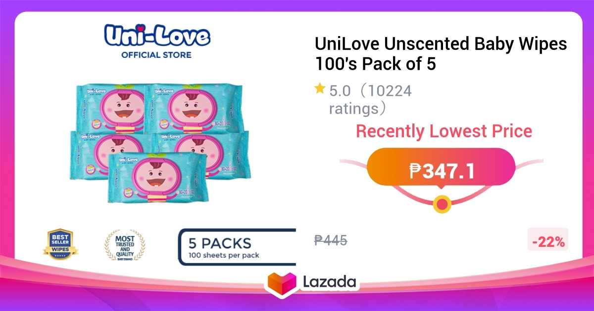 UniLove Unscented Baby Wipes 100's Pack of 5