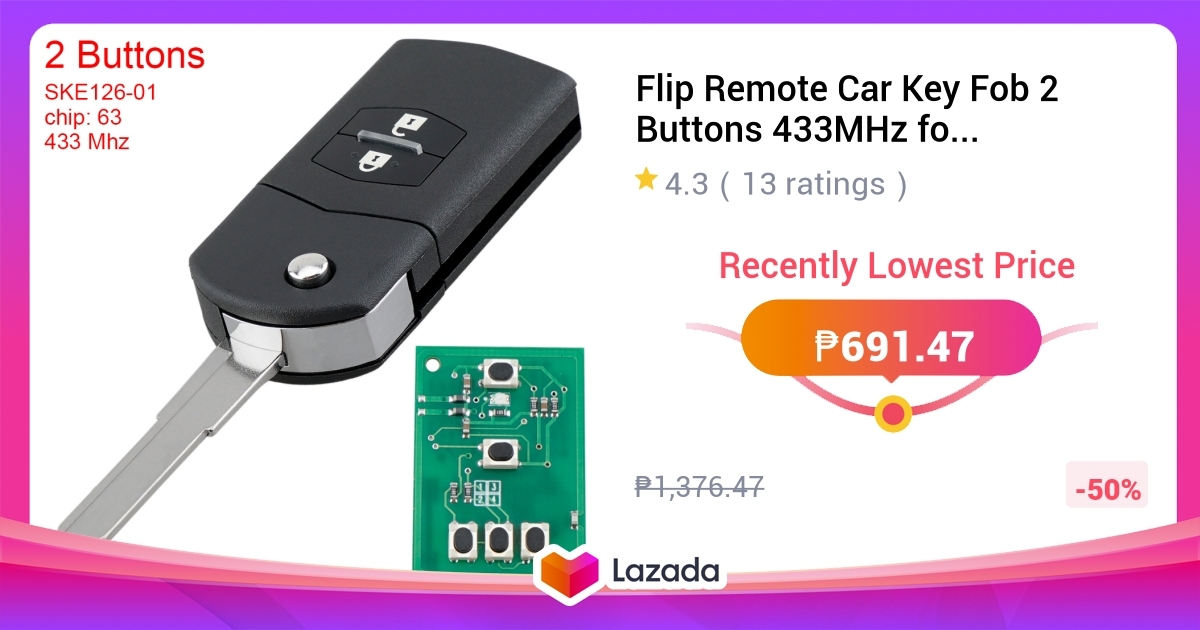 Flip Remote Car Key Fob 2 Buttons 433MHz for MAZDA Car 2 M2 Demio /3 M3 ...
