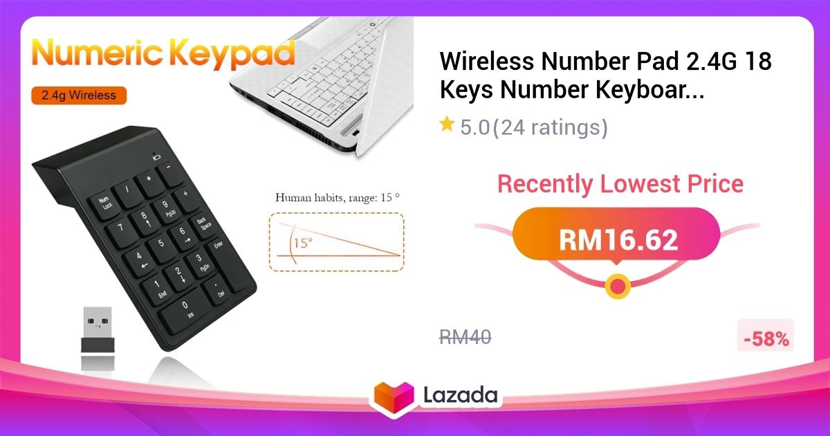 Wireless Number Pad 2.4G 18 Keys Number Keyboard Mini USB Receiver ...
