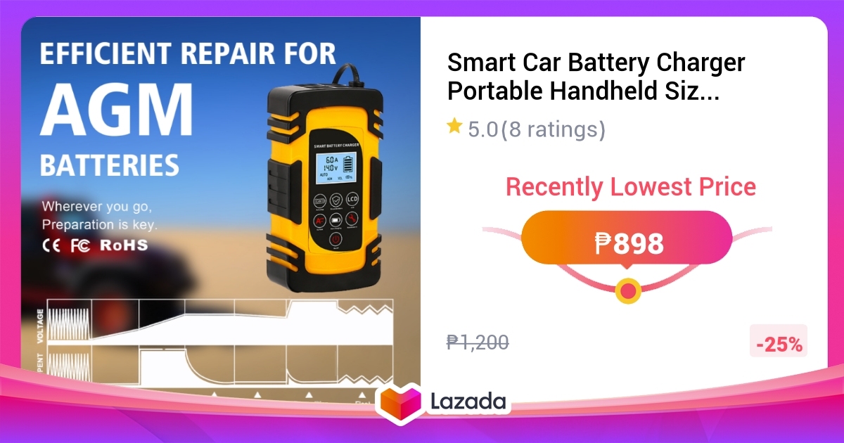 Smart Car Battery Charger Portable Handheld Size 12V/ 24V with Built-in ...