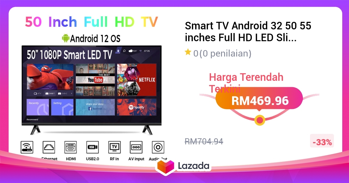 Smart TV Android 32 50 55 inches Full HD LED Slim Flat Screen Netflix Yotube Digital Television ...