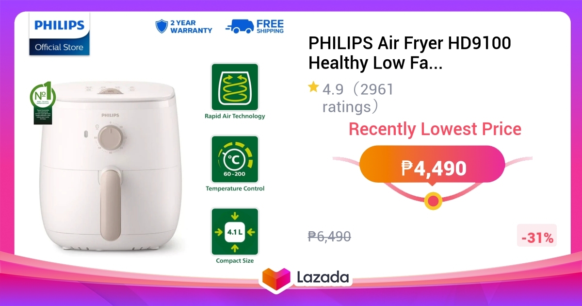 PHILIPS Air Fryer HD9100 Healthy Low Fat Multicooker 4.1 Liter Cooking ...