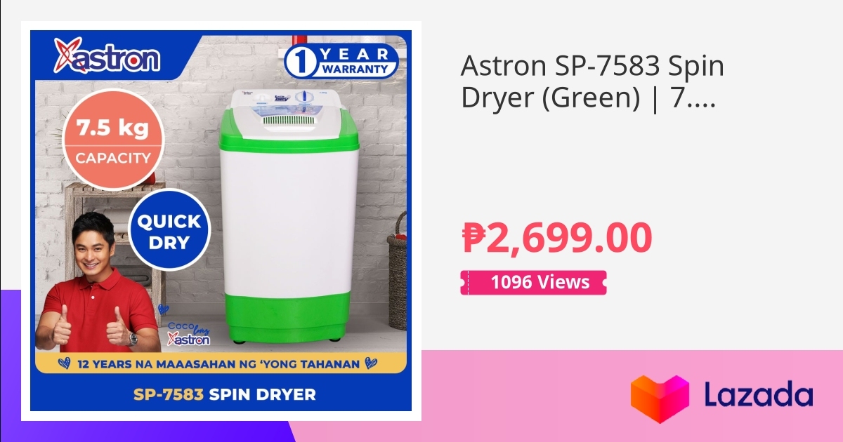 Astron SP-7583 Spin Dryer (Green) | 7.5 kg | Quick Dry | Rust Proof | Low Noise | 1 Year Warranty