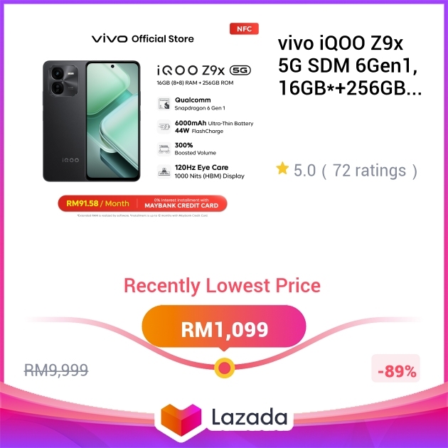vivo iQOO Z9x 5G SDM 6Gen1, 16GB*+256GB, 6000mAh+44W, 300% Boosted Volume, NFC