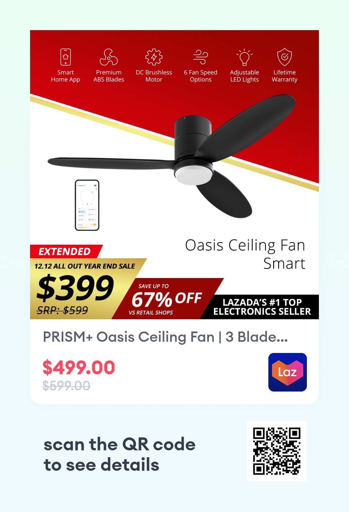 PRISM+ Oasis Ceiling Fan | 3 Blades | Integrated Dimmable Lights | 6 ...