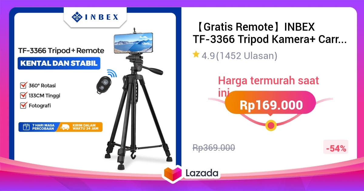 【Gratis Remote】INBEX TF-3366 Tripod Kamera+ Carry Bag+Bluetooth remote shutter/133CM Rotation ...