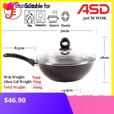 ASD Non-Stick Induction Stir Fry Wok w Glass Lid 30cm