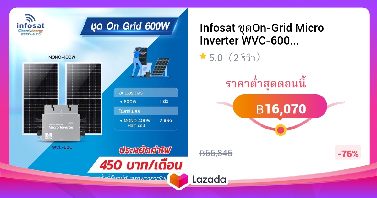 Infosat ชุดOn-Grid Micro Inverter WVC-600W พร้อมแผงโซลาร์เซลล์ Mono ...
