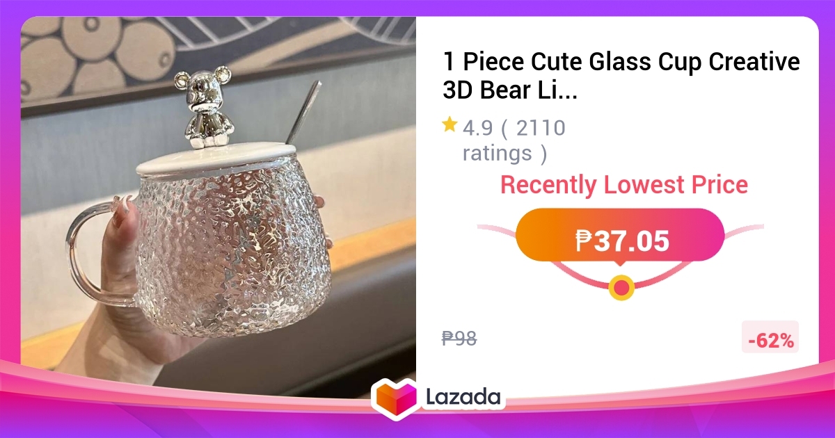 1 Piece Cute Glass Cup Creative 3D Bear Lid Design With Spoon Breakfast ...