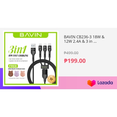 BAVIN CB236-3 18W & 12W 2.4A & 3 in 1 Fast Charging USB Cable 1 Meter ...