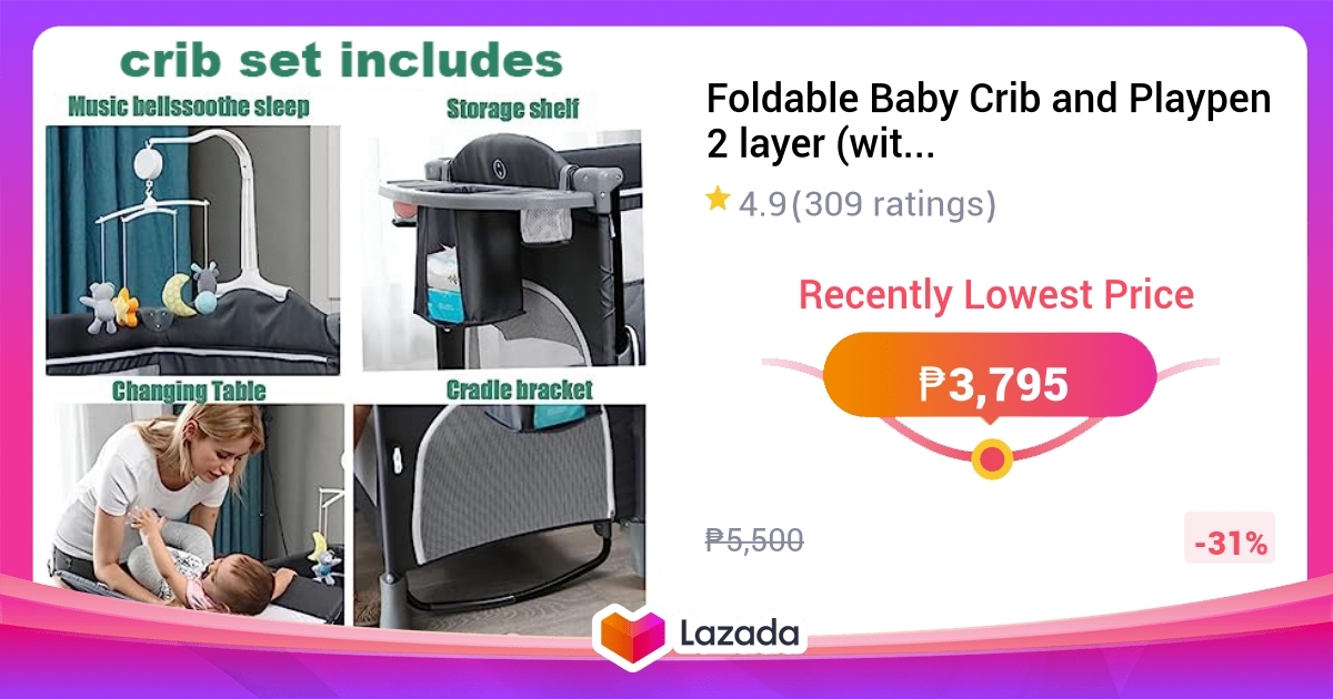 Foldable Baby Crib and Playpen 2 layer (with mosquito net storage bag ...