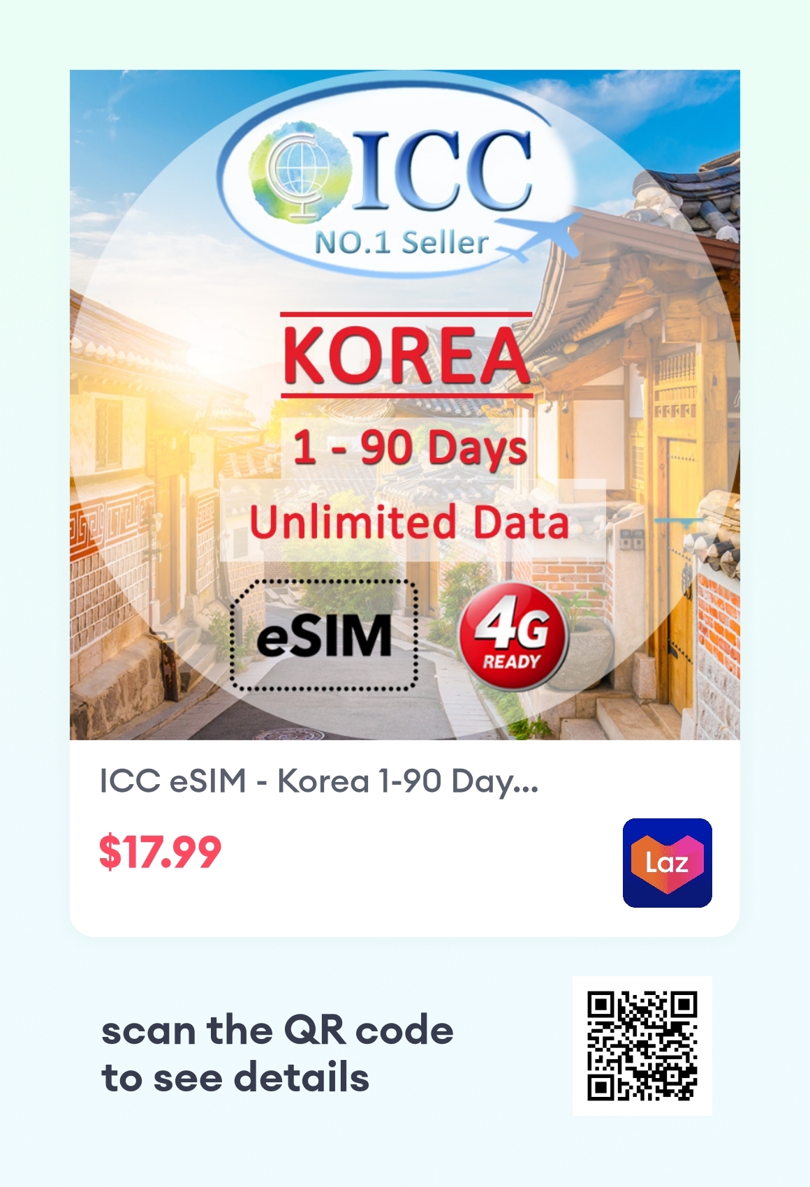 ICC eSIM - Korea 1-90 Days Unlimited Data/Korea eSIM/esim Korea