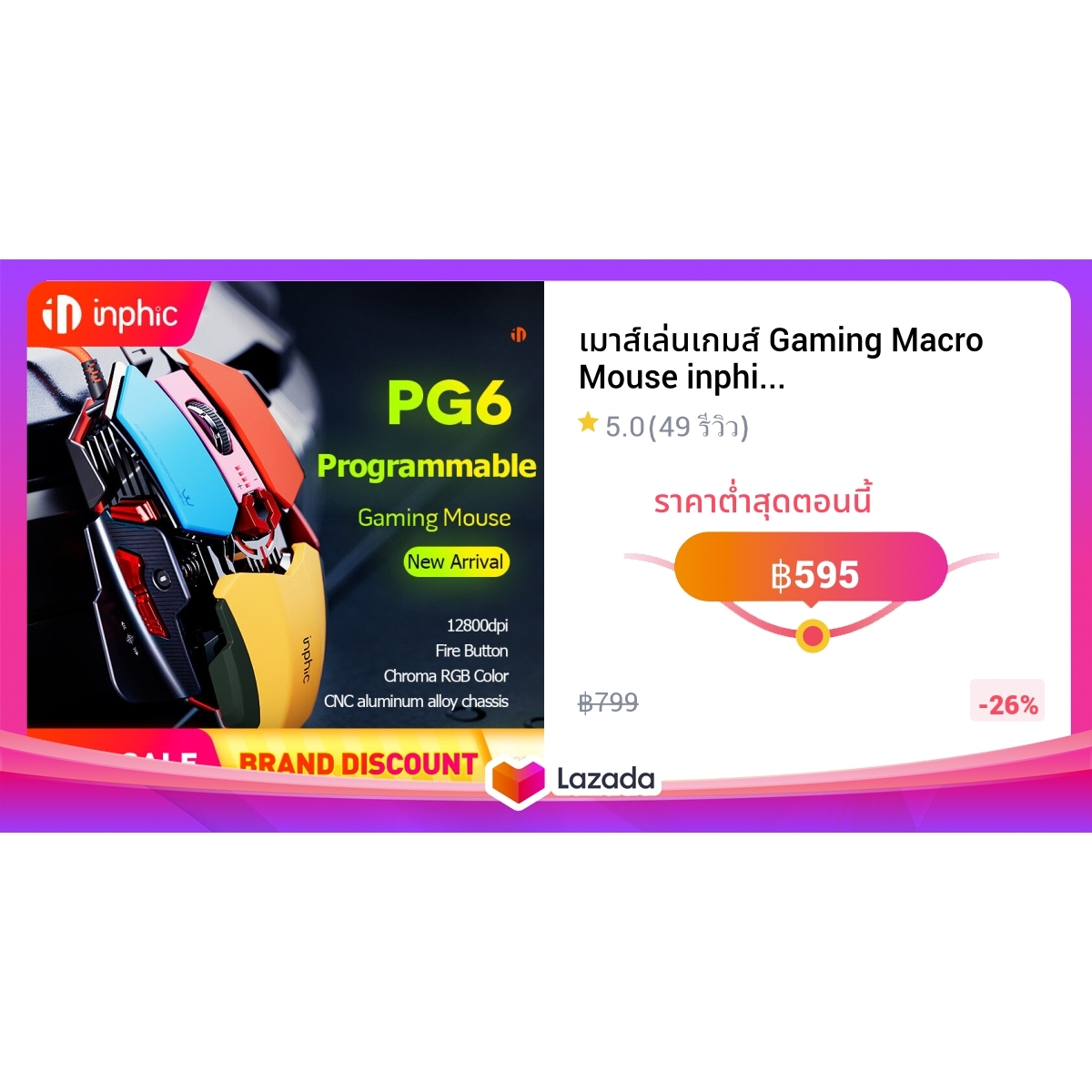 เมาส์เล่นเกมส์ Gaming Macro Mouse inphic PG6อินฟิชไฟ RGB Backlit โครมา ...