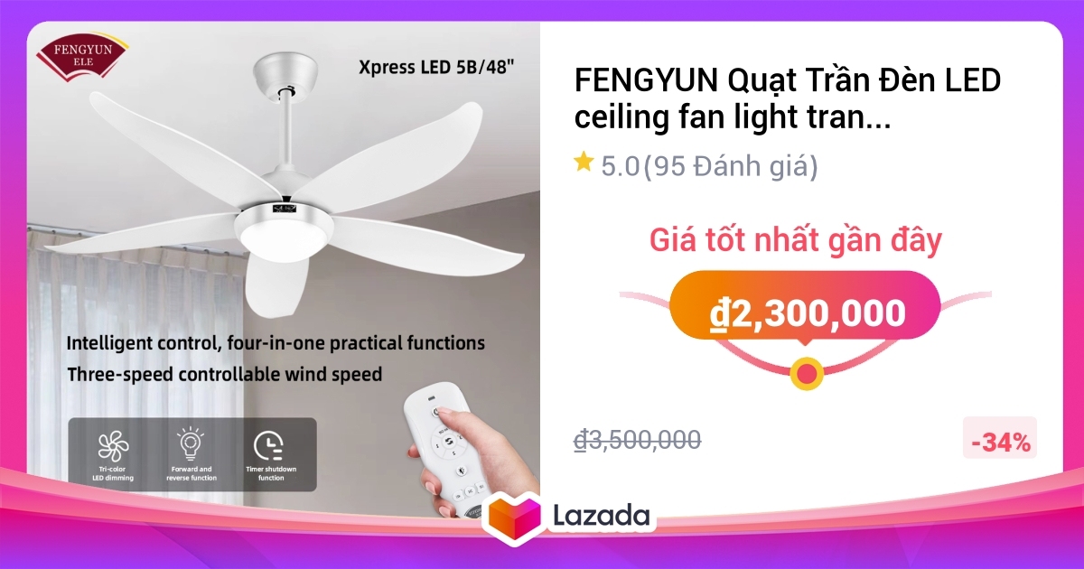 FENGYUN Quạt Trần Đèn LED ceiling fan light trang trí phòng khách 3 ...