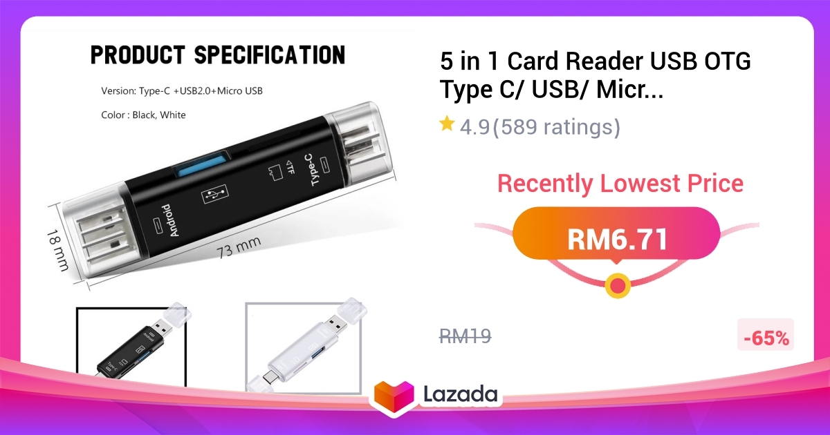 5 in 1 Card Reader USB OTG Type C/ USB/ Micro USB/ TF Memory Card ...