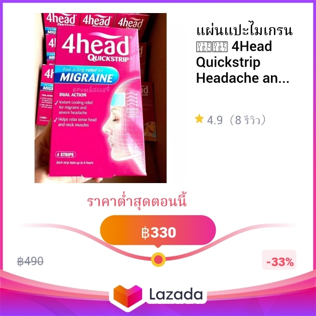 แผ่นแปะไมเกรน 🇬🇧 4Head Quickstrip Headache and Migraine Relief Strips ...