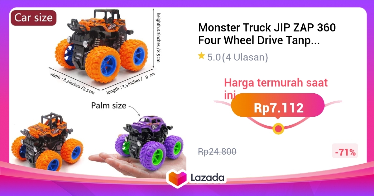 Monster Truck JIP ZAP 360 Four Wheel Drive Tanpa Baterai Mainan Mobilan ...