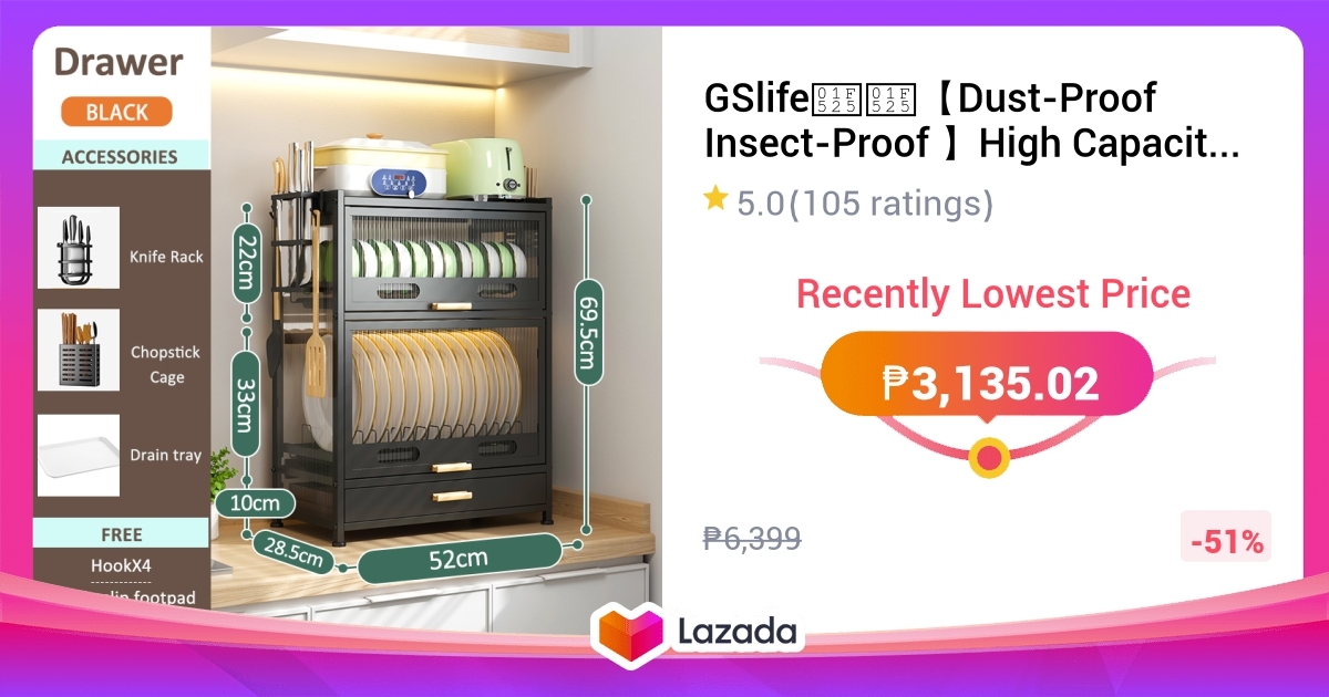 GSlife🔥🔥【Dust-Proof Insect-Proof 】High Capacity Dish Rack Organizer ...