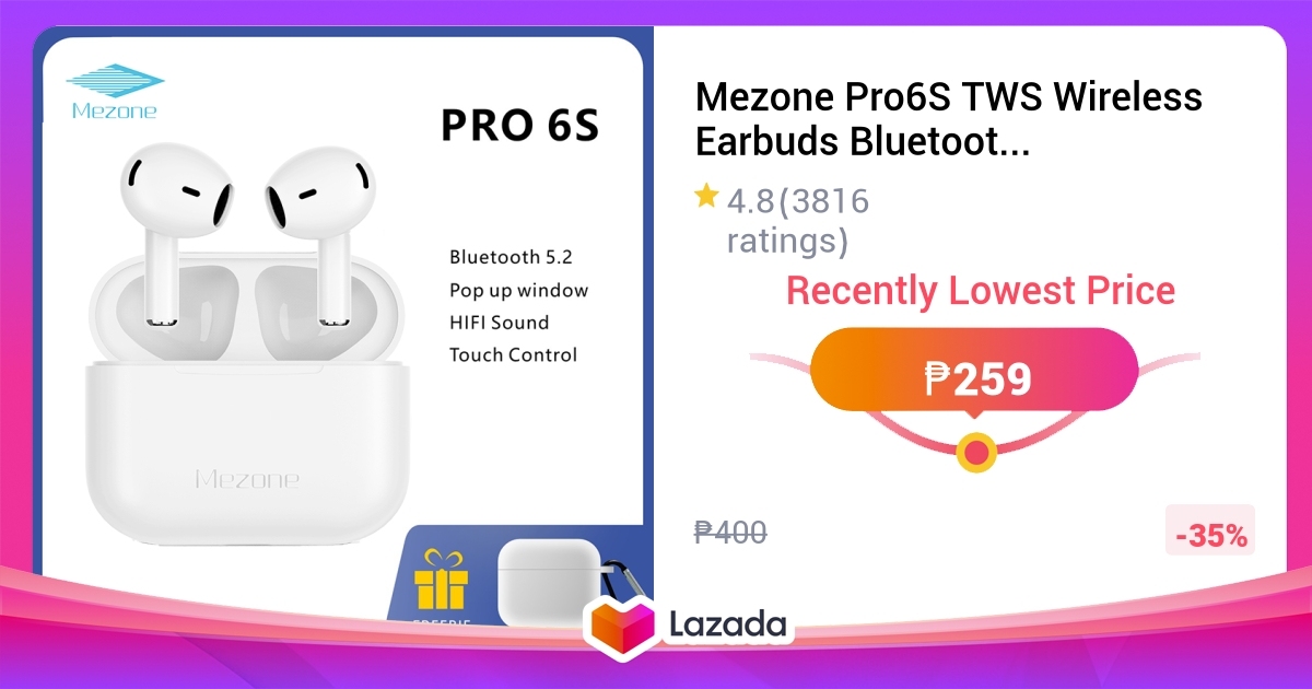 Mezone Pro6S TWS Wireless Earbuds Bluetooth Earphone Headphones HIFI Sound Waterproof Built-in ...
