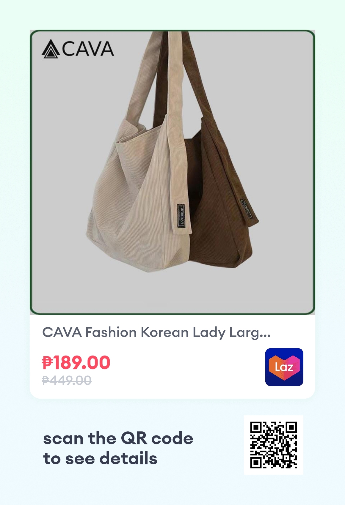 CAVA Fashion Korean Lady Large Shoulder Hand Bag With Zipper Corduroy Canvas Tote Bag For Women