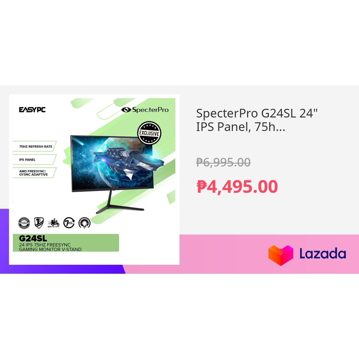 SpecterPro G24SL 24" IPS Panel, 75hz Refresh Rate, Freesync/Gsync ...