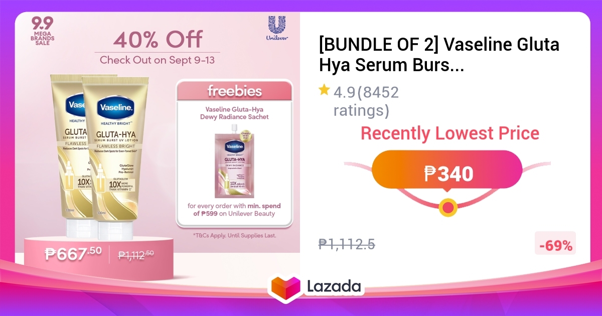 [BUNDLE OF 2] Vaseline Gluta Hya Serum Burst Lotion Flawless Bright 330ml