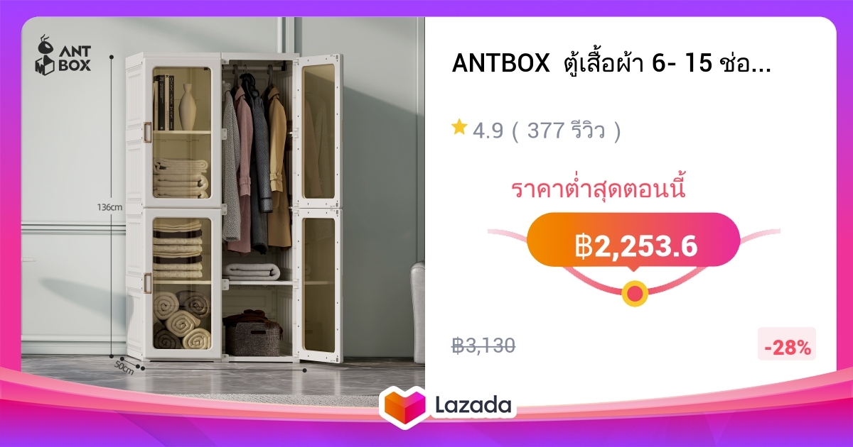 ANTBOX ตู้เสื้อผ้า 6- 15 ช่อง ประตูใสโปร่งแสงมองเห็นด้านในได้ สไตล์โมเดิร์น เหมาะกับการแต่งห้อง ...