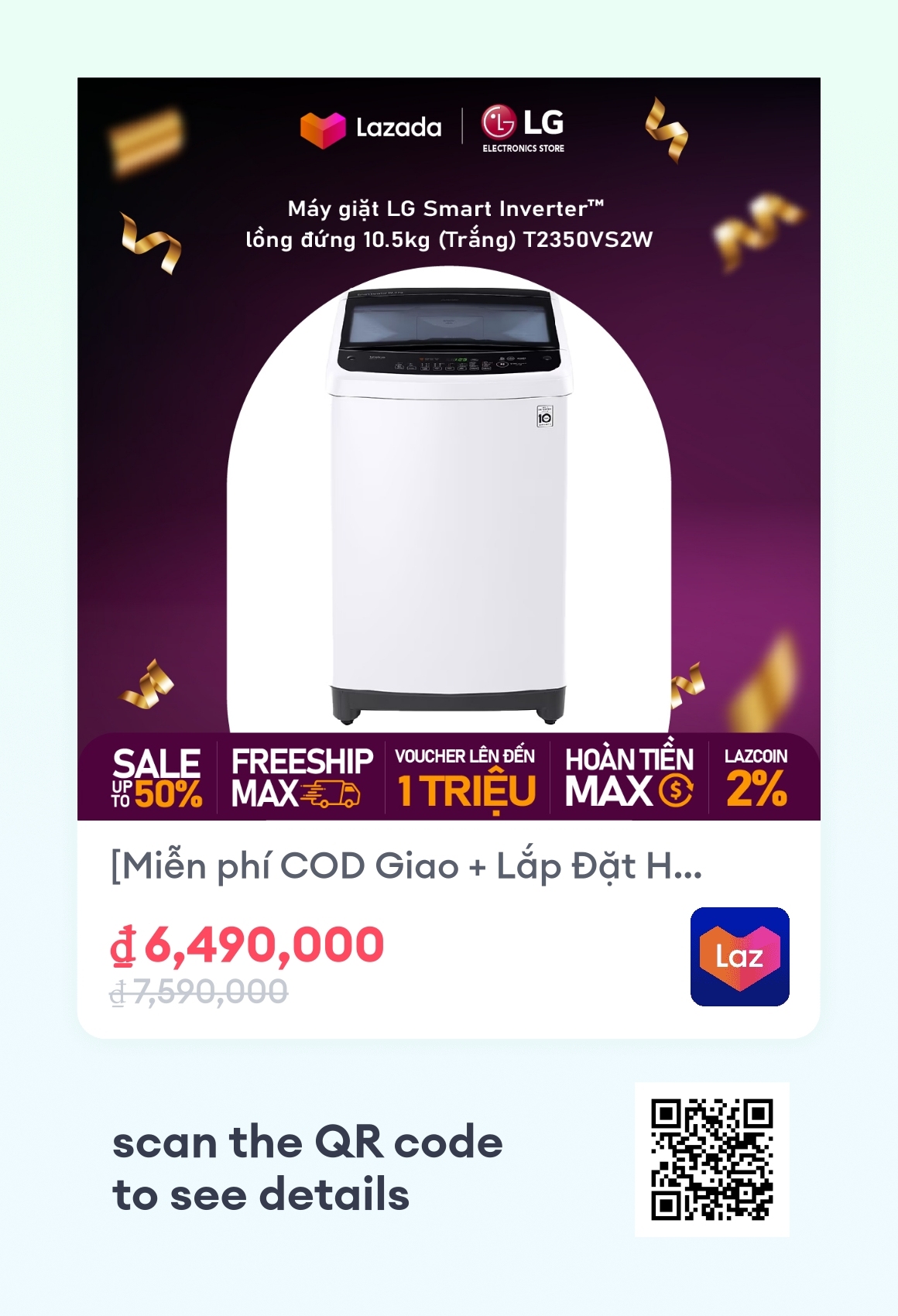 [Miễn phí COD Giao + Lắp Đặt Hà Nội][VOUCHER Upto 1 Triệu][Trả góp 0%] Máy giặt LG Smart ...