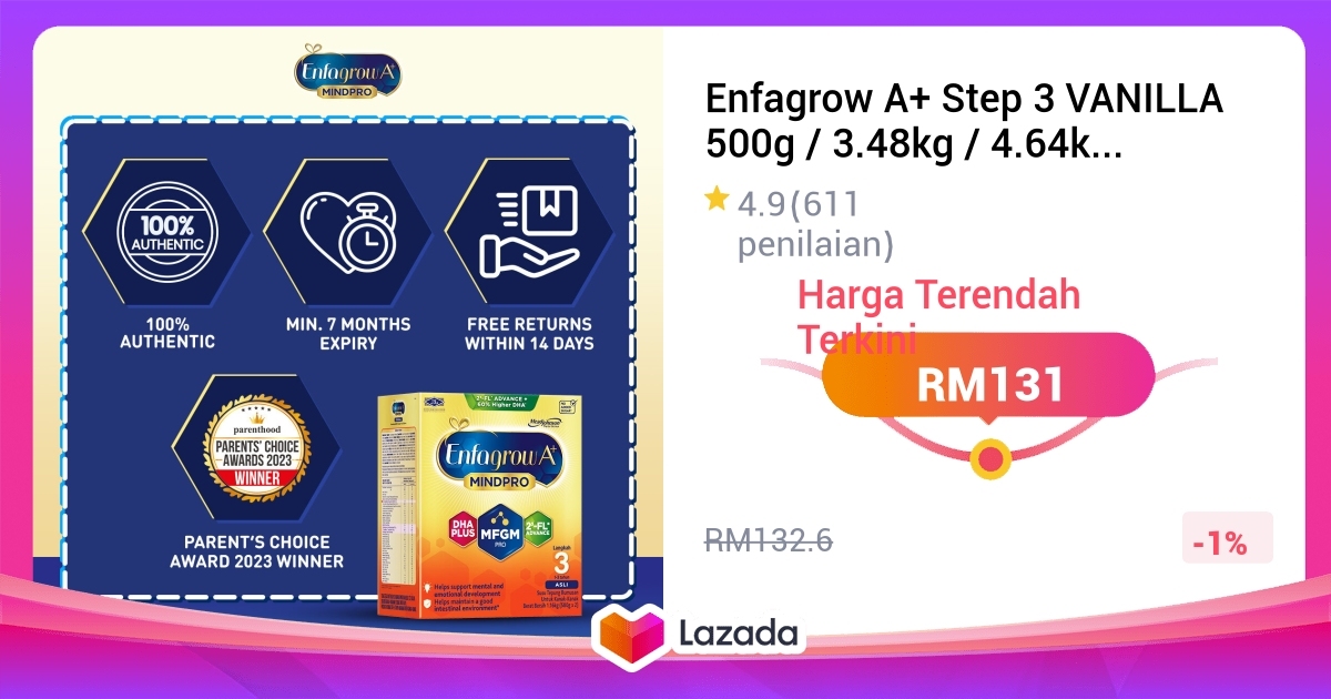 Enfagrow A+ Step 3 VANILLA 500g / 3.48kg / 4.64kg / 9.28kg MindPro Susu Milk Formula Powder