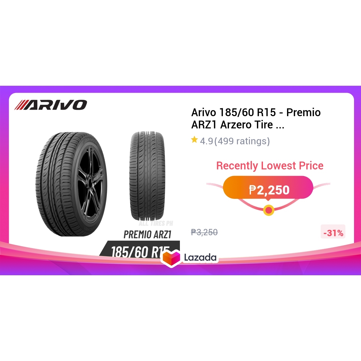Arivo 185/60 R15 - Premio ARZ1 Arzero Tire - Toyota Vios