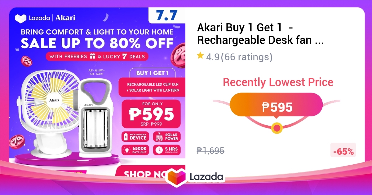 Akari Buy 1 Get 1 - Rechargeable Desk fan + ARL-K9821 Solar Energy ...