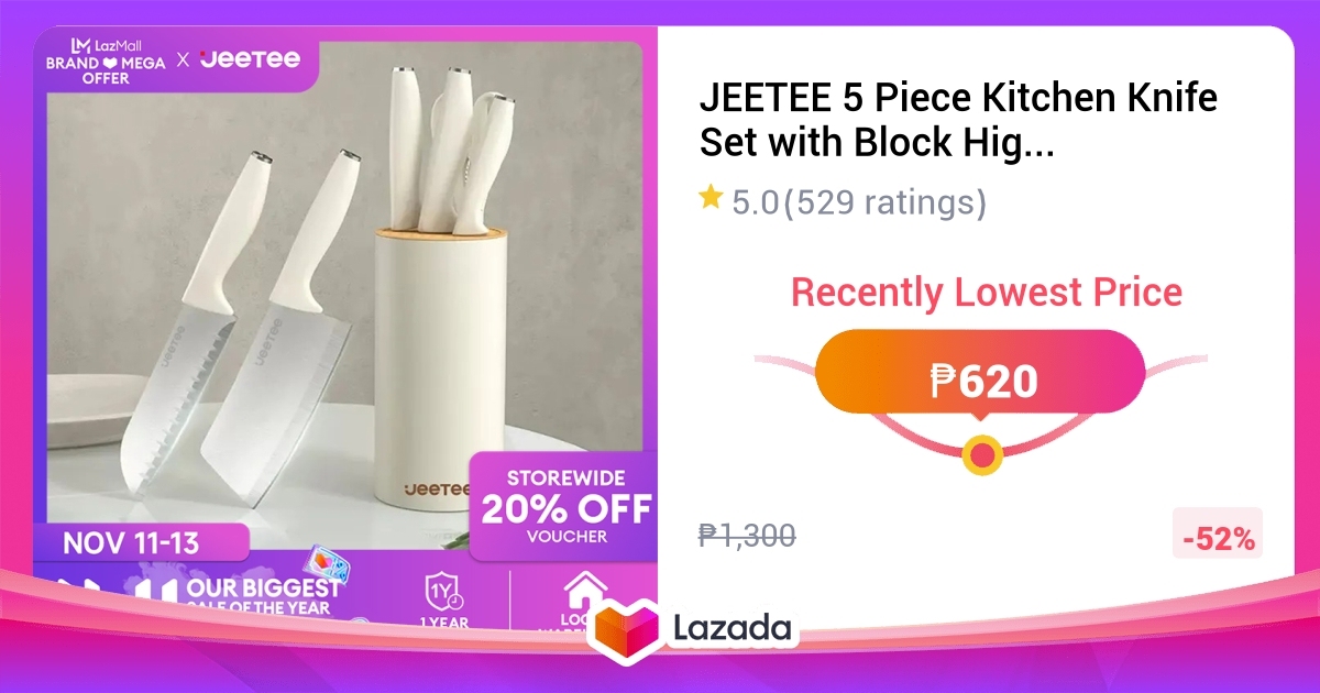 JEETEE 5 Piece Kitchen Knife Set with Block High Carbon Steel Kutsilyo ...