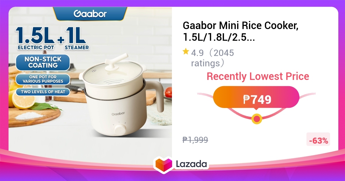 Gaabor Mini Rice Cooker, 1.5L/1.8L/2.5L Multi-function Cooker Non-Stick ...