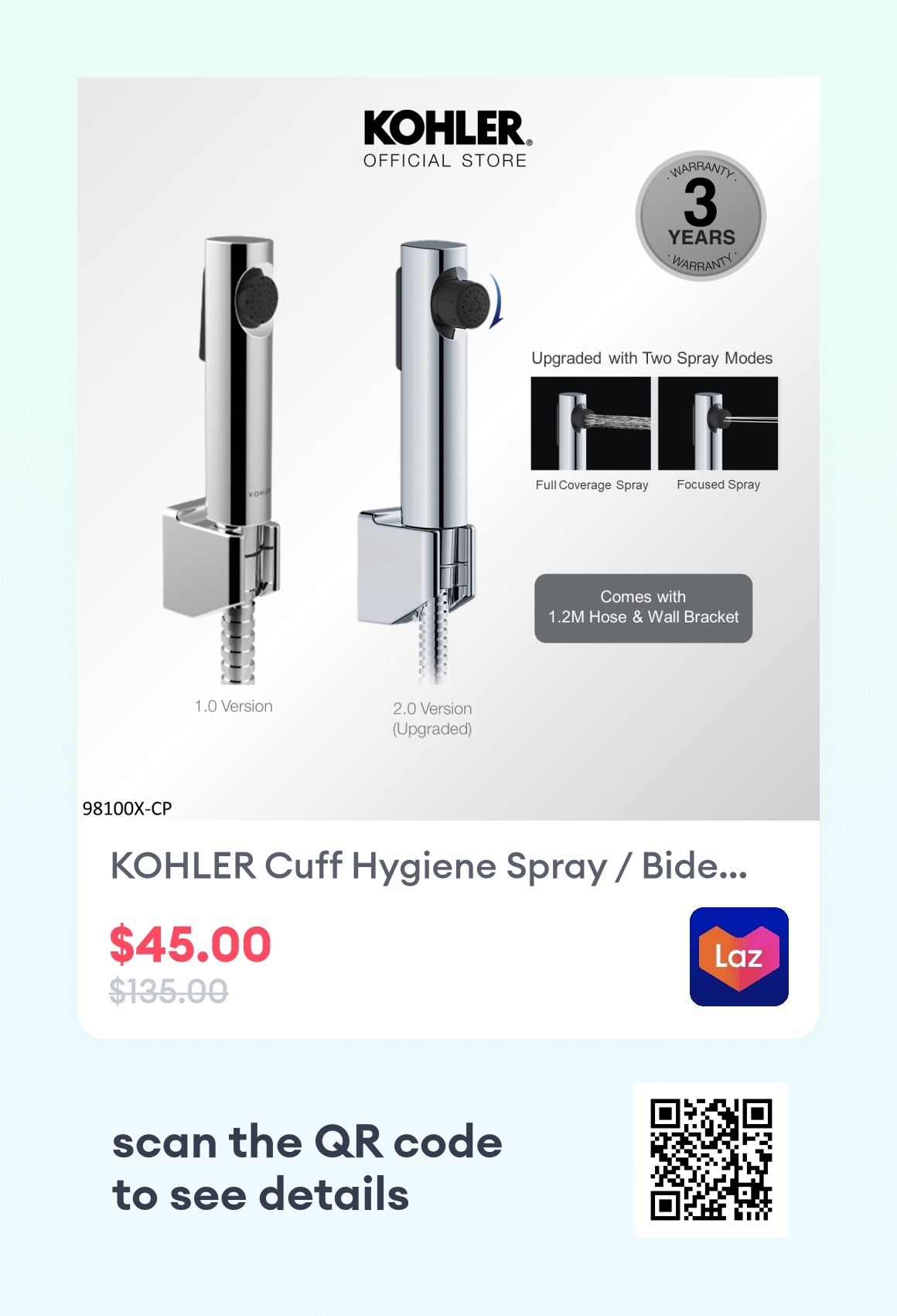 KOHLER Cuff Hygiene Spray / Bidet Spray, 1.0 Version K-98100T-B-CP / 2. ...