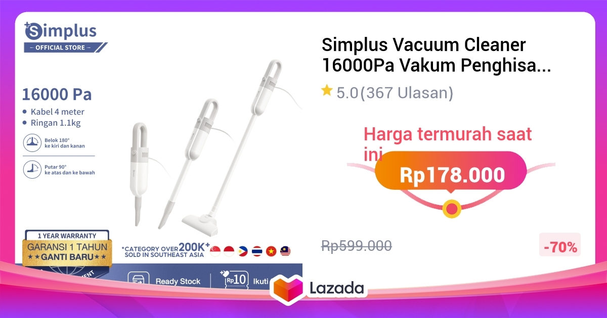 Simplus Vacuum Cleaner 16000Pa Vakum Penghisap Penyedot Debu Genggam ...