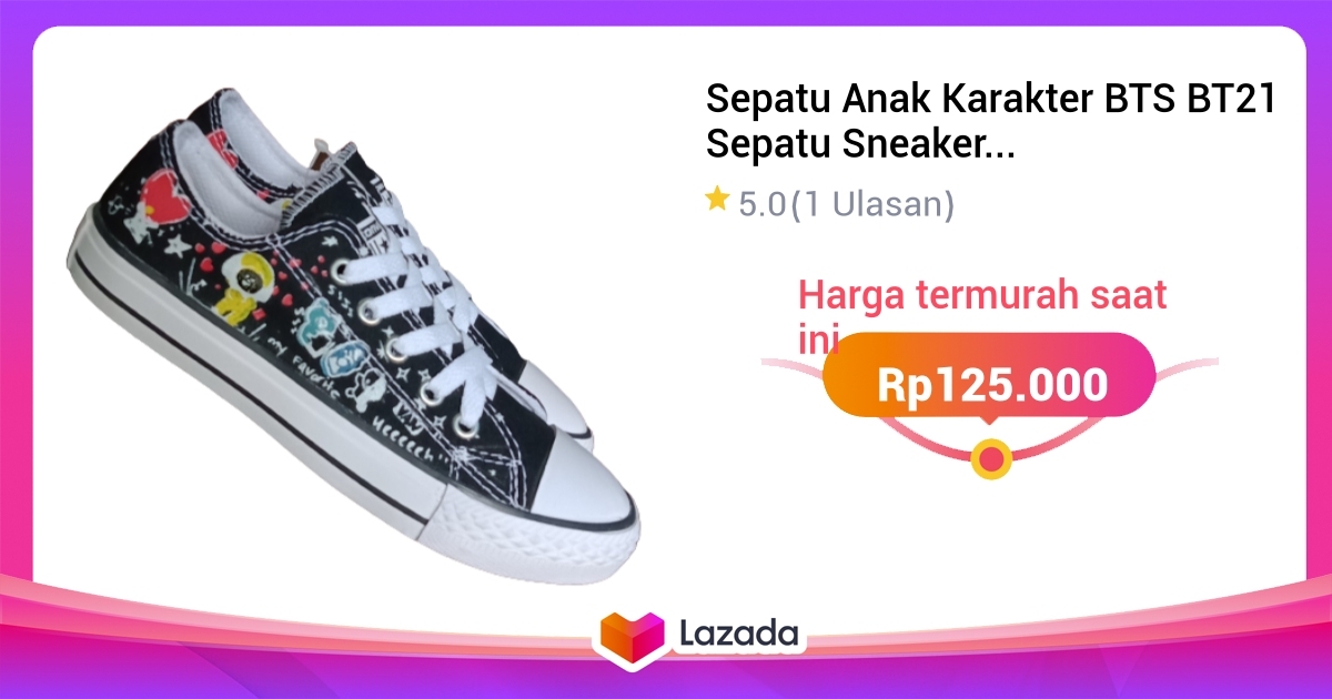 Sepatu Anak Karakter BTS BT21 Sepatu Sneakers Anak Sepatu Sekolah (Hitam)