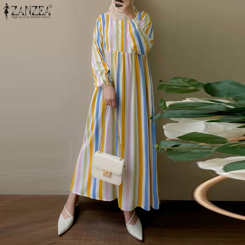 ZANZEA Muslimah Women Muslim Raya Clothes Dress Striped Elastic Cuffs ...