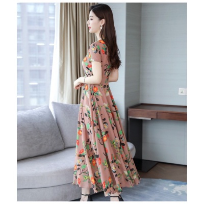 Women Floral Print Dress Korean Plus Size Loose Fashion Midi Dress V ...