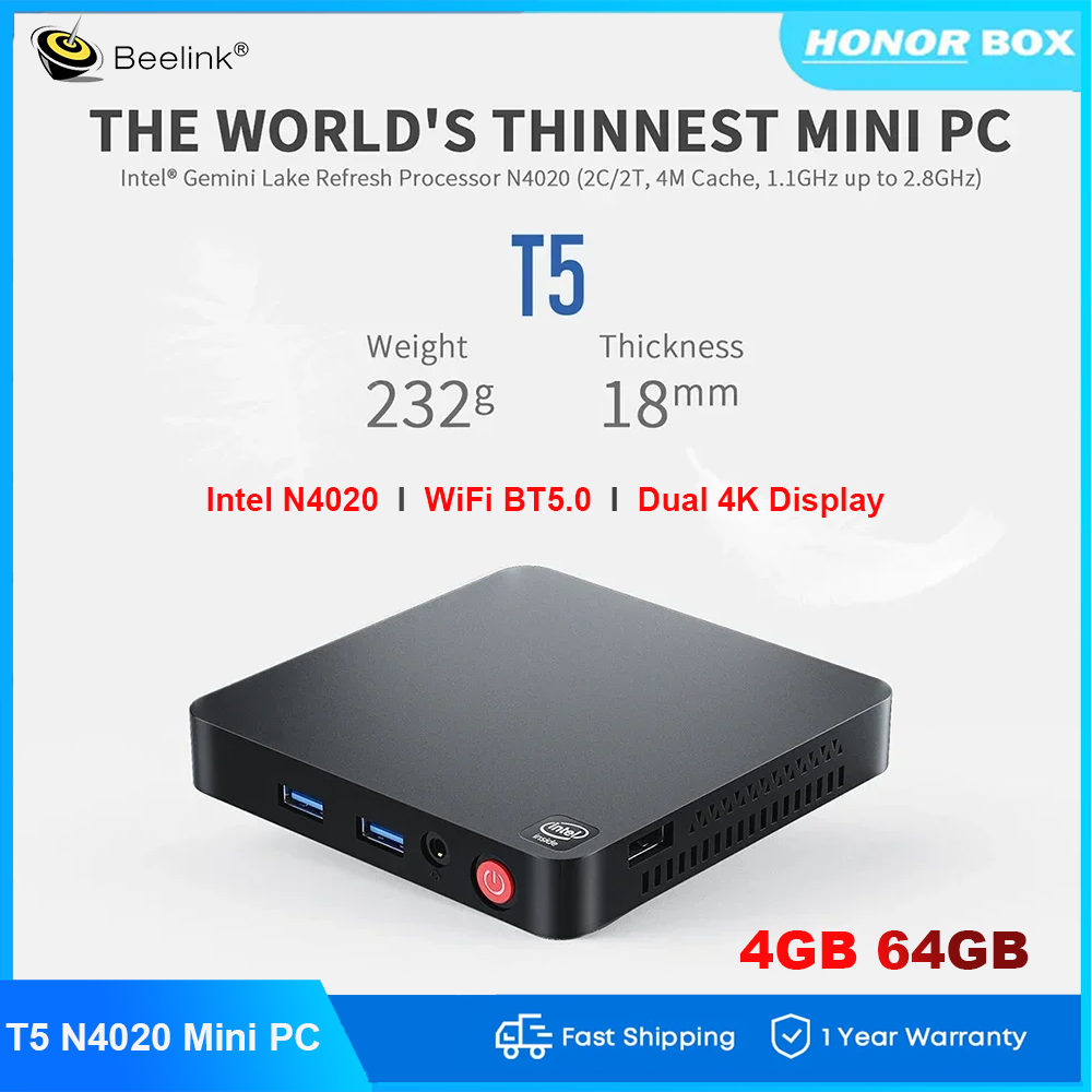 Beelink Fanless T5 Mini PC Intel Celeron N4020 up 2.8GHz DDR4 4GB 64GB SSD Gigabit Dual LAN ...