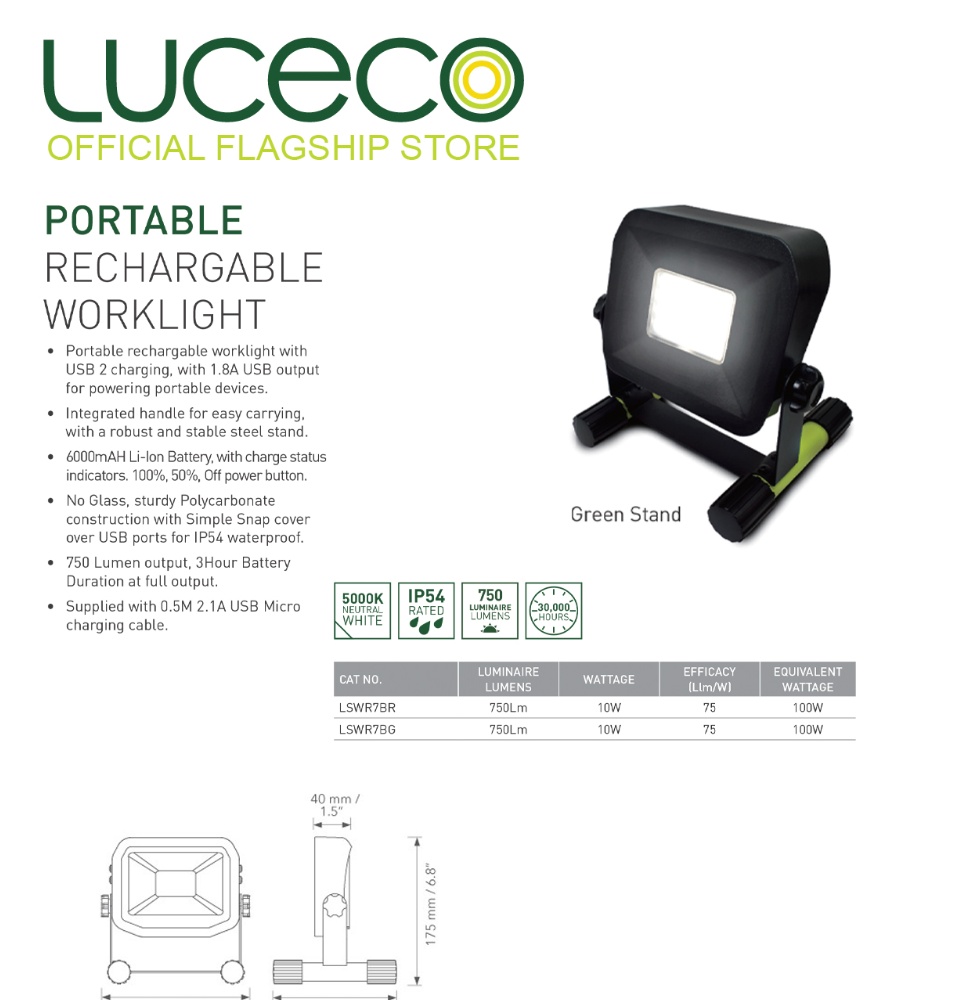 Luceco Portable Rechargeable LED Work Light, LSWR7BG