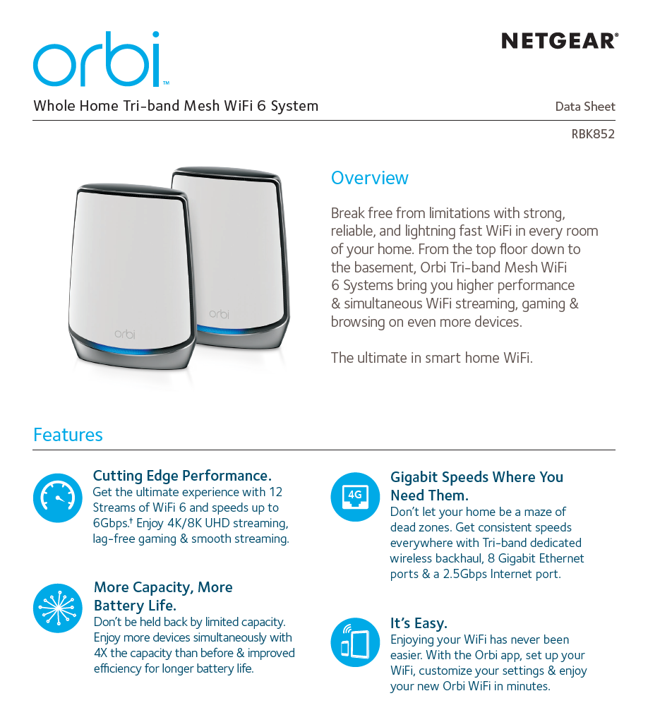 Netgear Orbi Tri Band Mesh AX6000 WiFi 6 System RBK852 Netgear Orbi Tri Band Mesh AX6000 WiFi 6 System RBK852