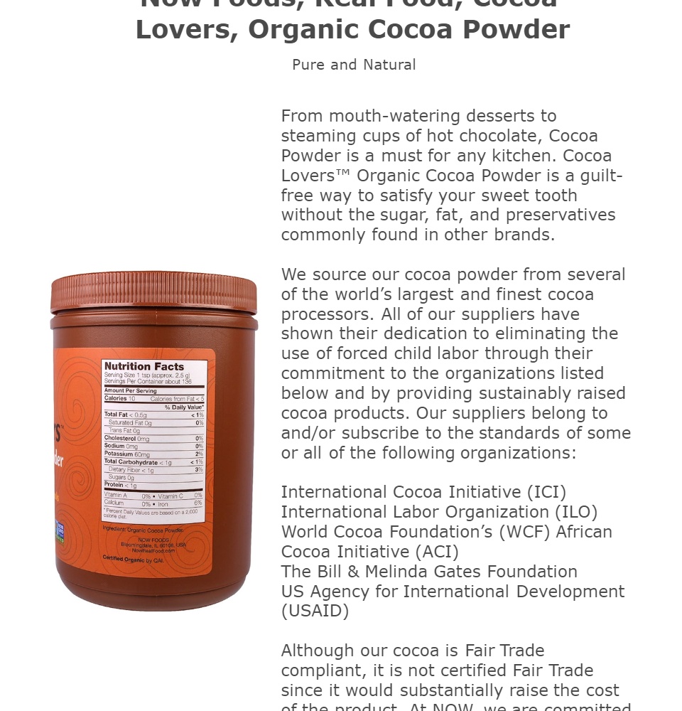 Now Foods, Real Food, Cocoa Lovers, Organic Cocoa Powder, 12 oz (340 g ...